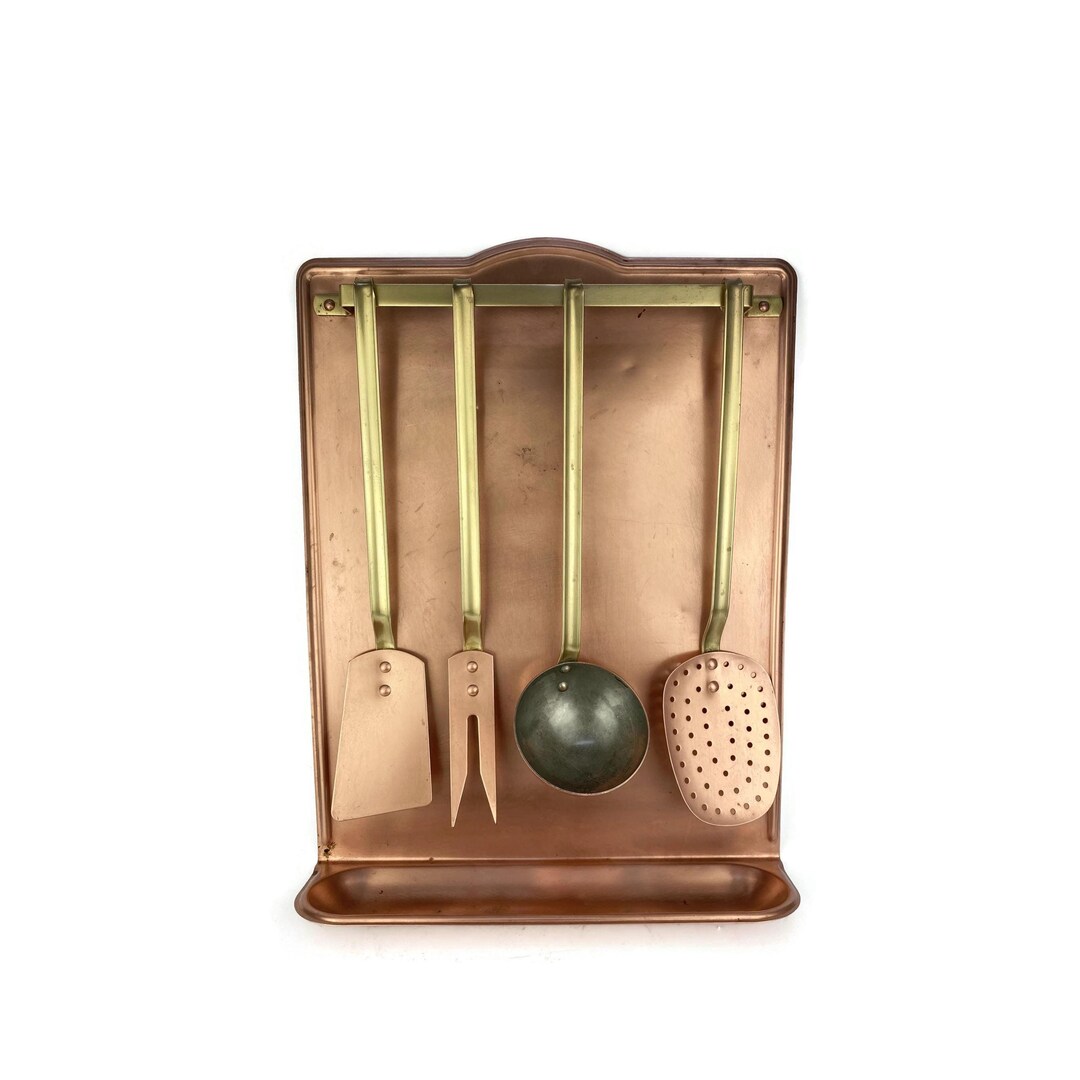 Copper Kitchen Utensils Set With Stand, Vintage French Kitchen Rack ...
