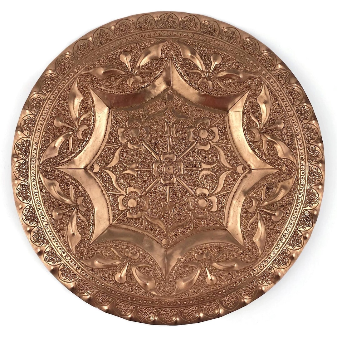 Vintage Moroccan Copper Tray, Hand Engraved Floral Arabesque Design ...