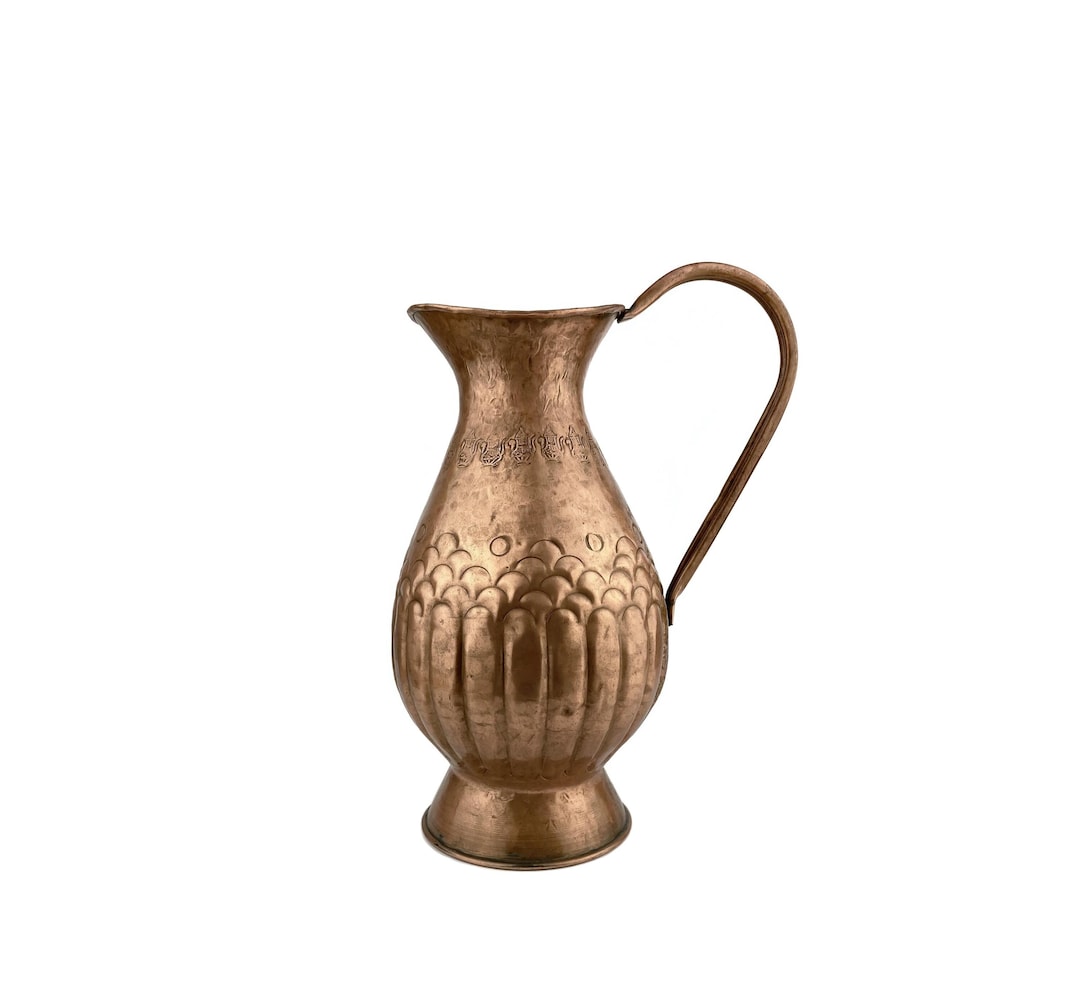 Antique Copper Pitcher, Hand Hammered Ornate, Large Engaraved Water Jug ...