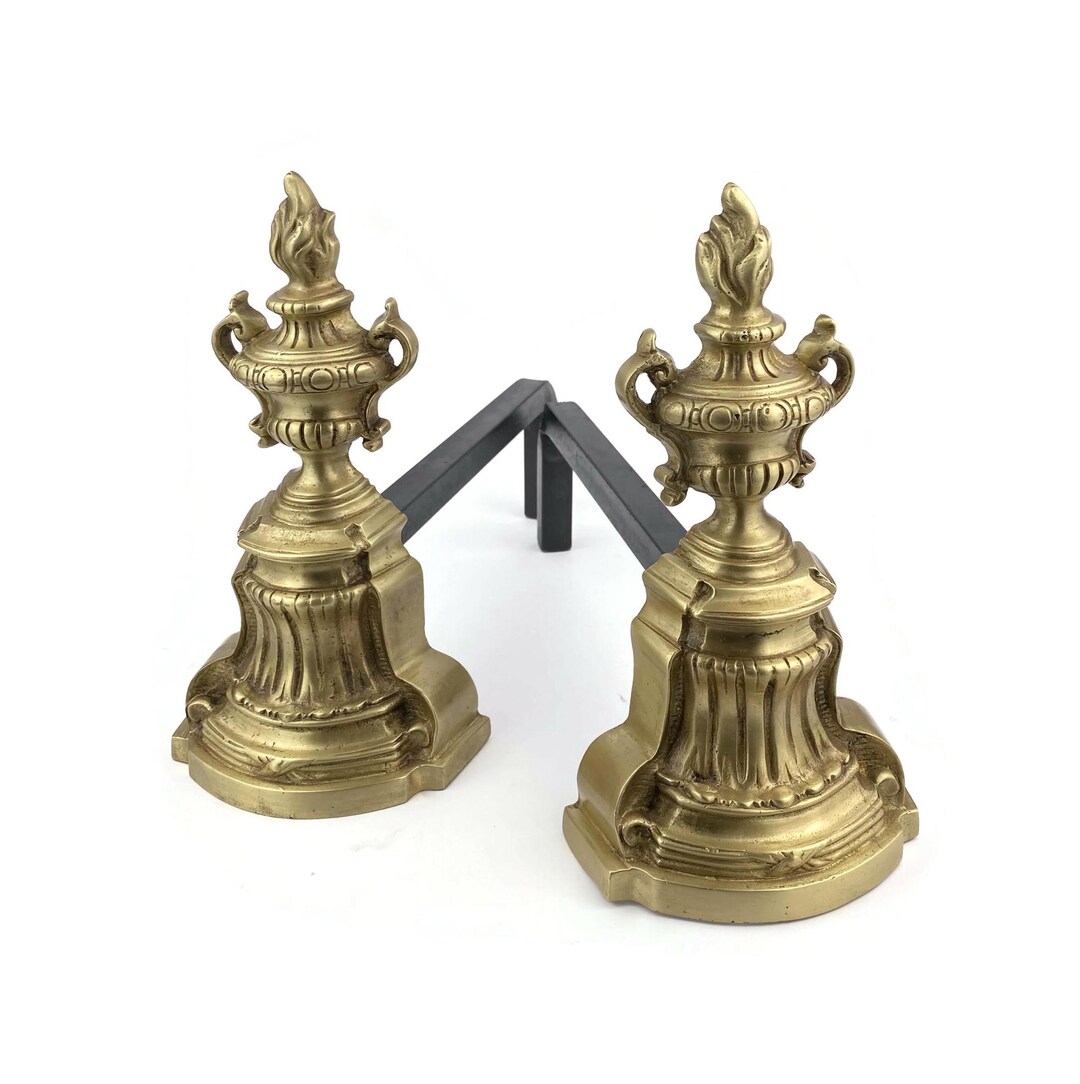 Antique French Andirons Set, Fireplace Ornate Firedogs, Vintage Brass ...