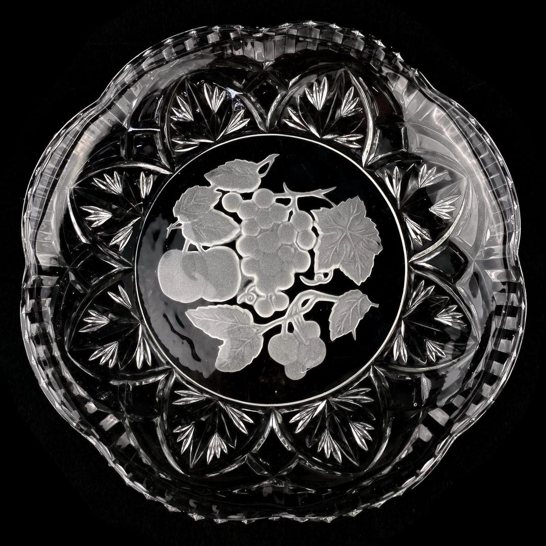 Vintage Crystal Plate With Grape Vines, Fruit Motif Cut Glass, Clear ...