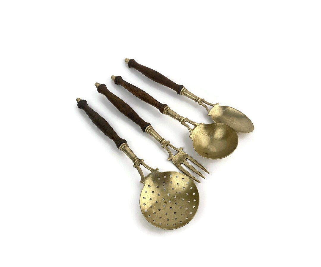 Vintage Kitchen Utensils Made of Brass and Wood, French Kitchen Tool ...