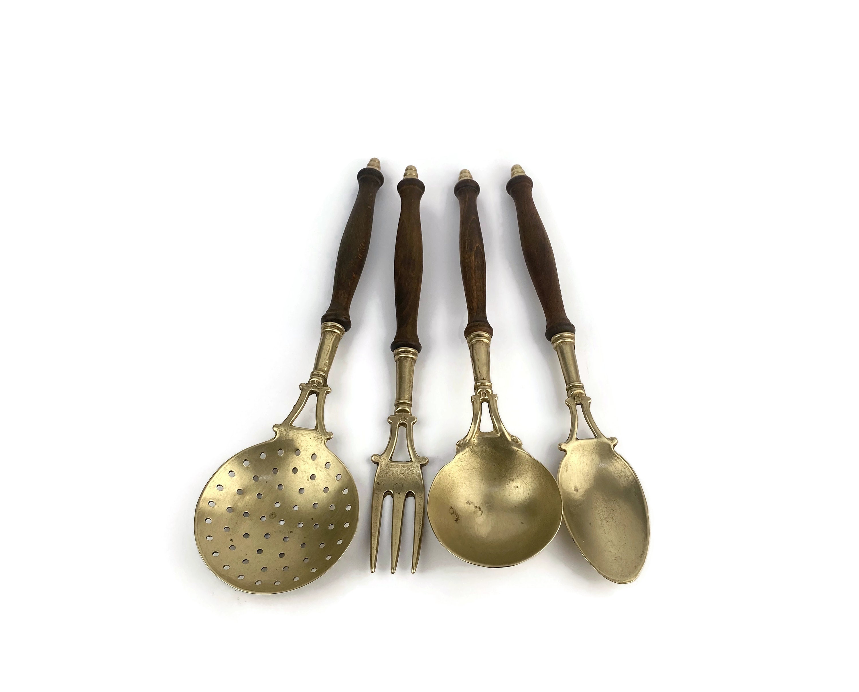 Vintage Kitchen Utensils Made of Brass and Wood, French Kitchen Tool ...