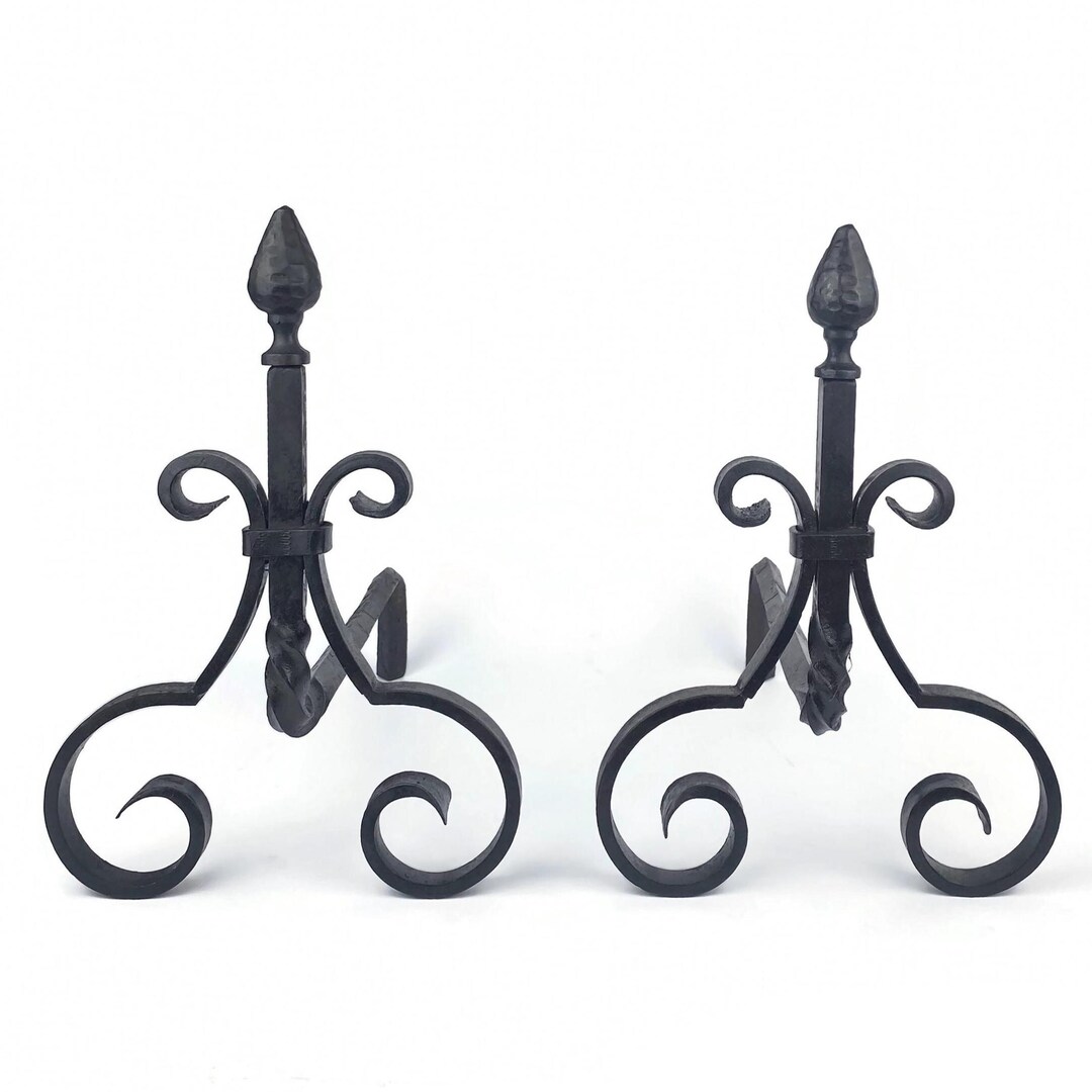 French Wrought Iron Andirons Set, Antique Firedogs, Vintage Fireplace ...
