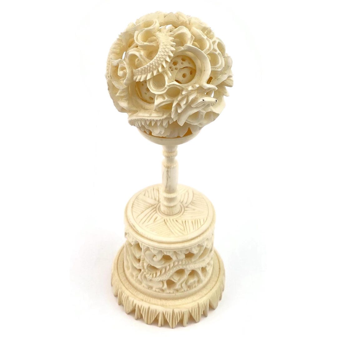 Vintage Chinese Puzzle Ball, Ivory Like Carving With Stand, Dragon ...