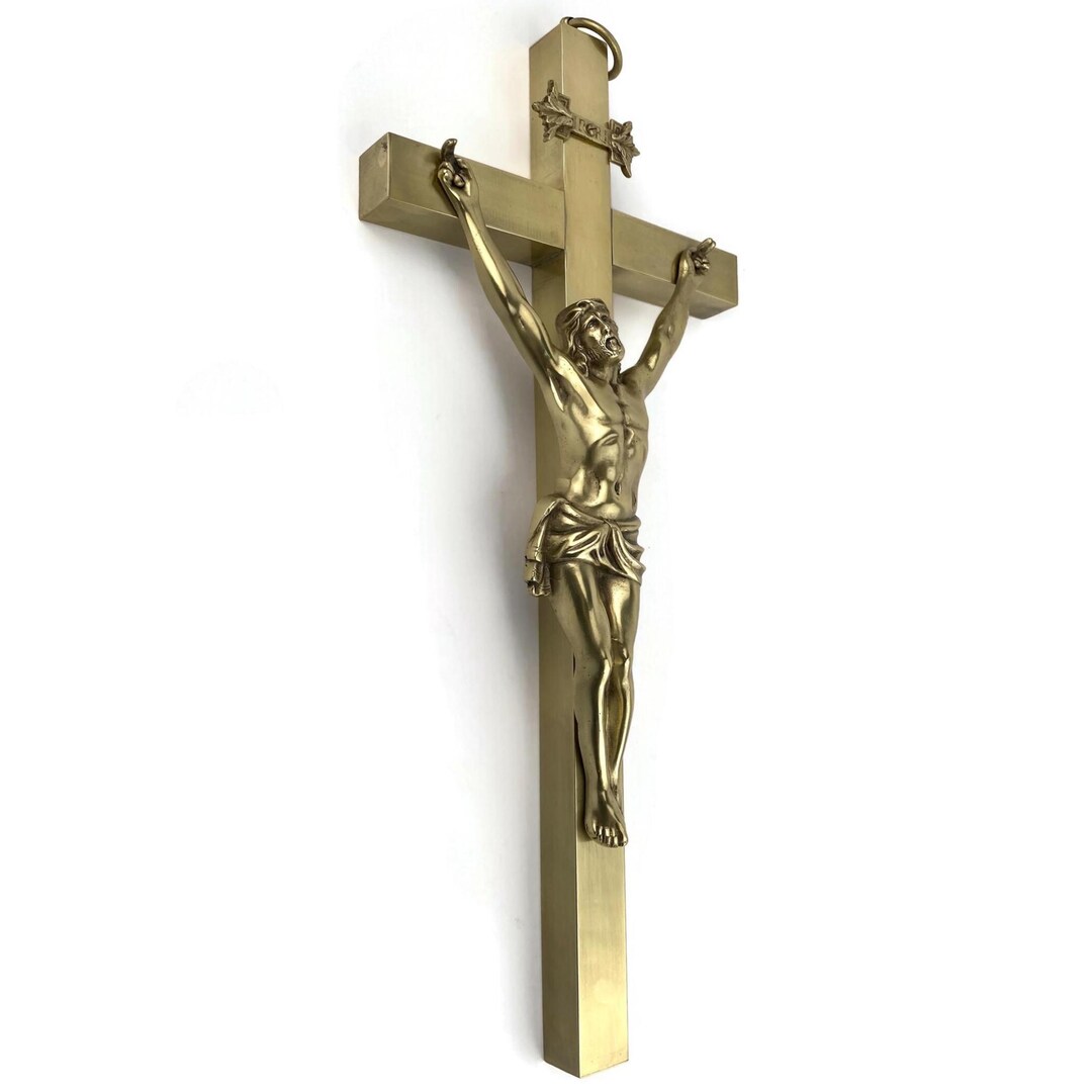 Large Brass Wall Crucifix, Rare Christian Cross With Christ Figure ...