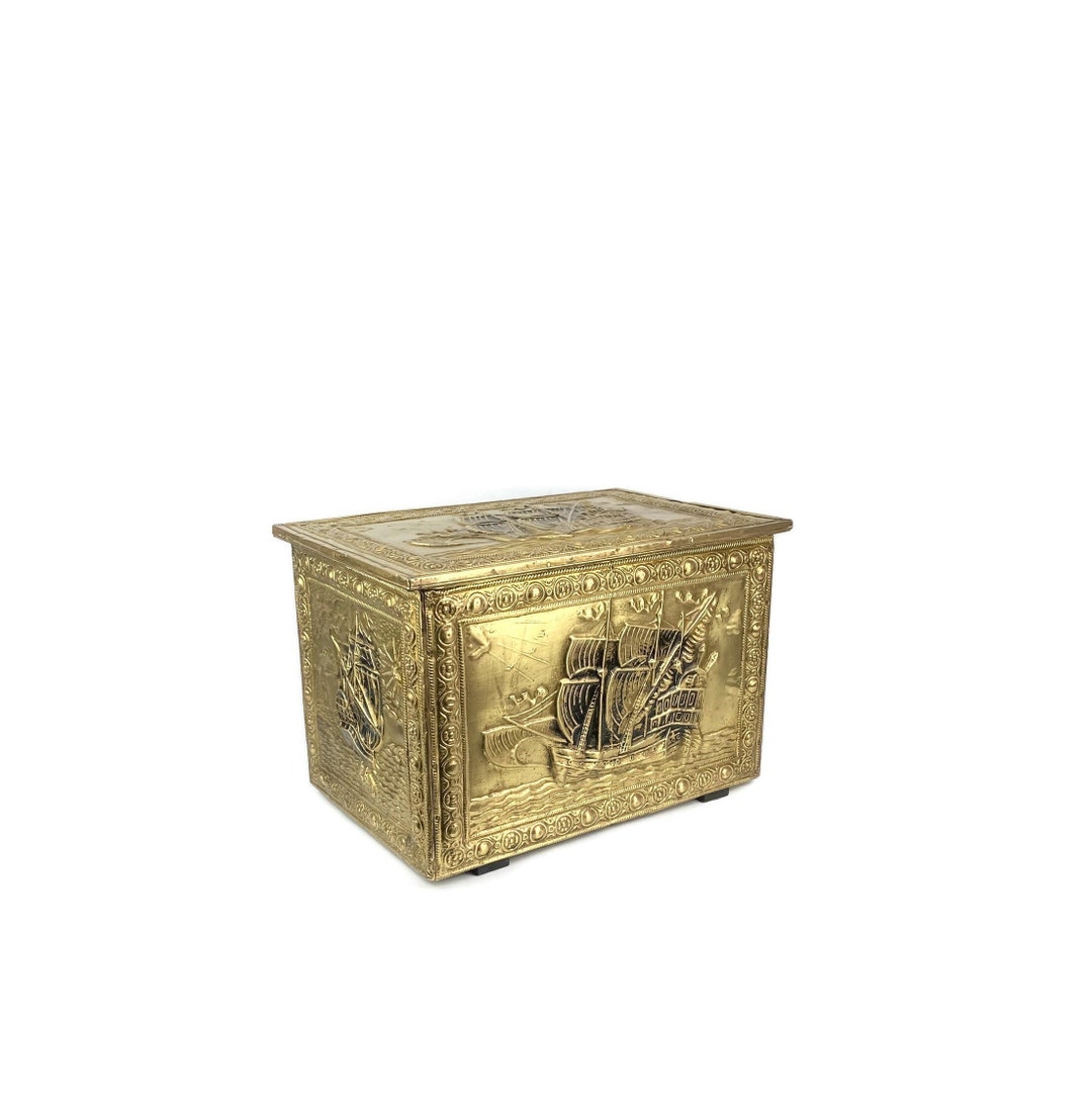 Brass Lined Wooden Coal Box, Vintage Embossed Brass Firepit Firewood ...
