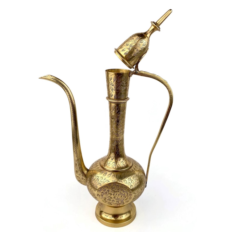 Vintage Brass Ewer India, Hand Engraved Indian Pitcher, Etched Floral ...