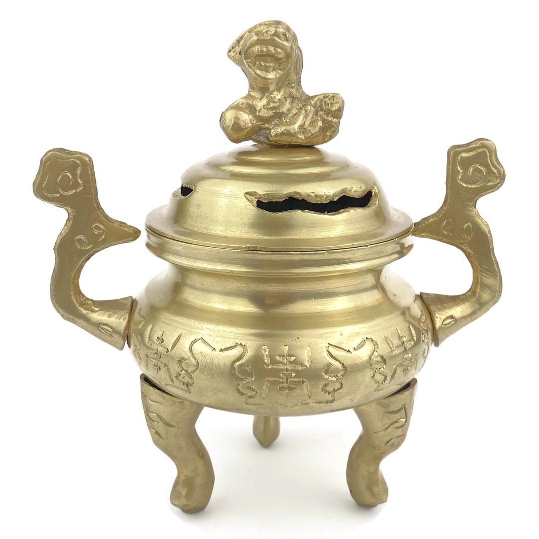 Vintage Asian Incense Burner, Brass Chinese Censer, Foo Dog Lid, Tripod ...