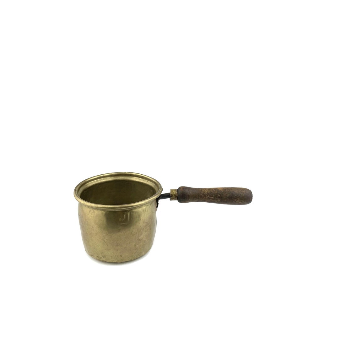 Small Brass Cooking Pot With Wooden Handle, Vintage Kitchen Cooking Pan ...