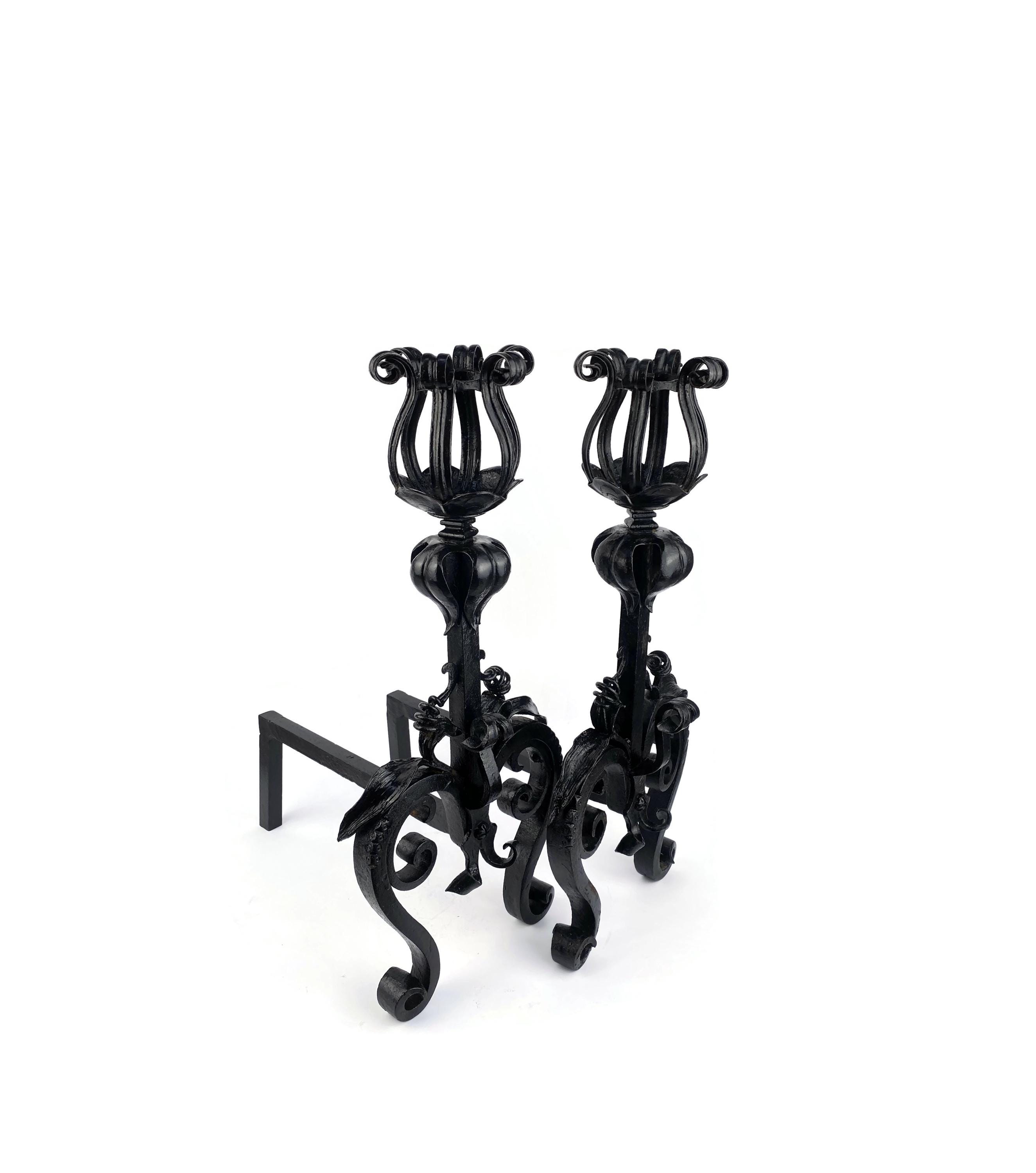 French Wrought Iron Andirons Set, Antique Firedogs, Vintage Fireplace ...