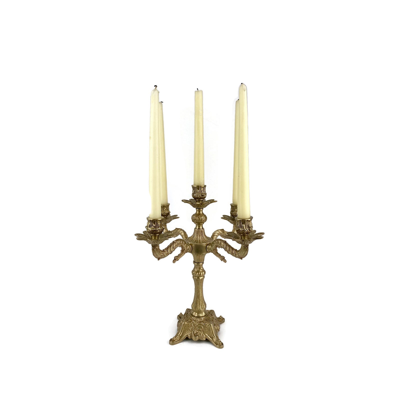 Large Candle Holder With 5 Candles, Vintage Candelabra, Brass ...
