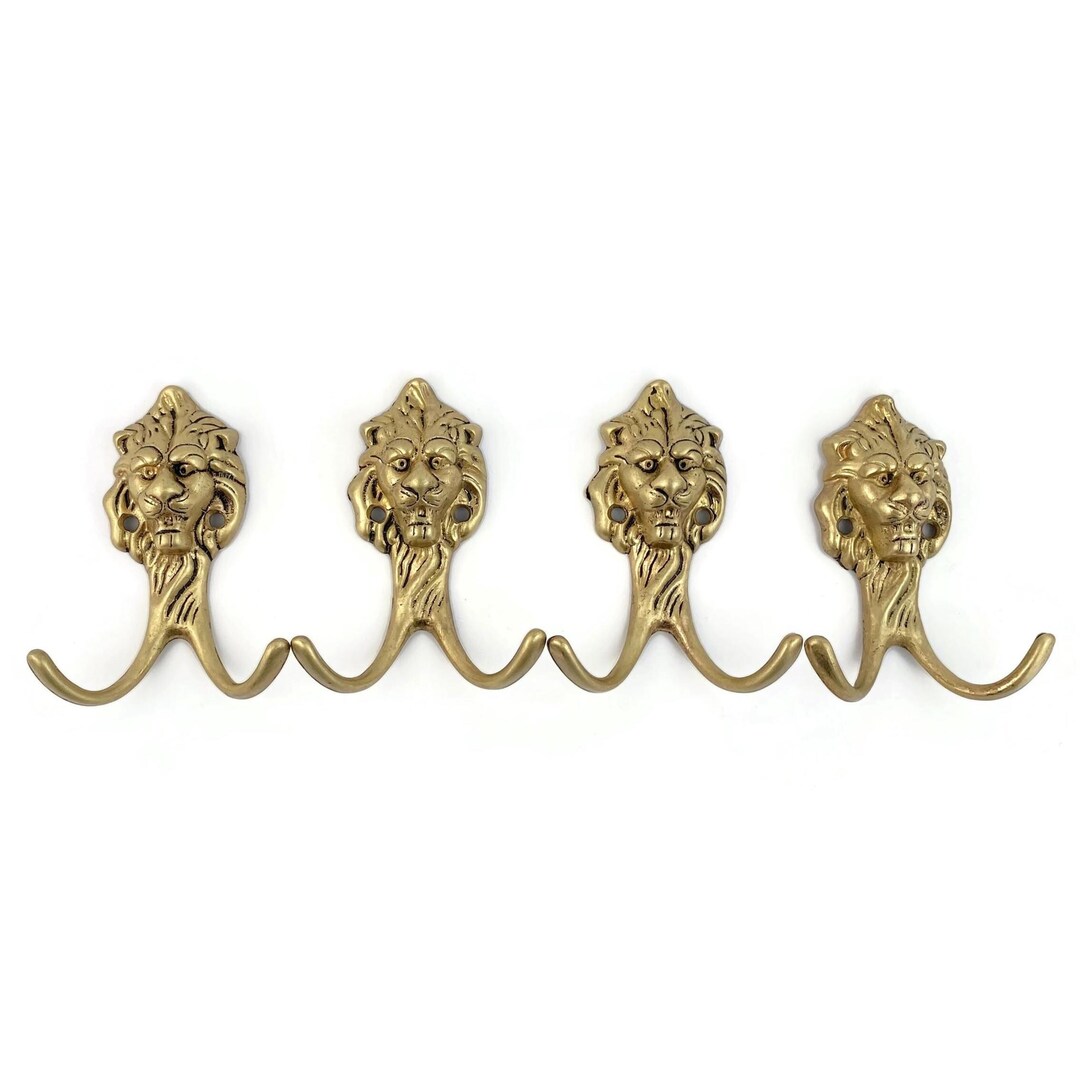 Vintage Brass Lion Head Wall Hooks, Set of 4 Double Coat Hooks, Solid ...