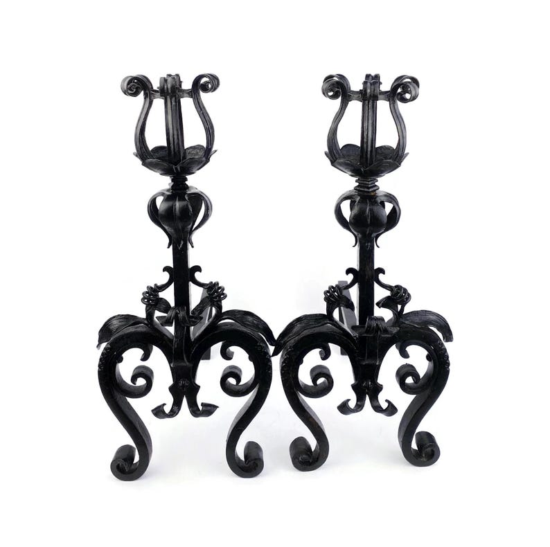 French Wrought Iron Andirons Set, Antique Firedogs, Vintage Fireplace ...