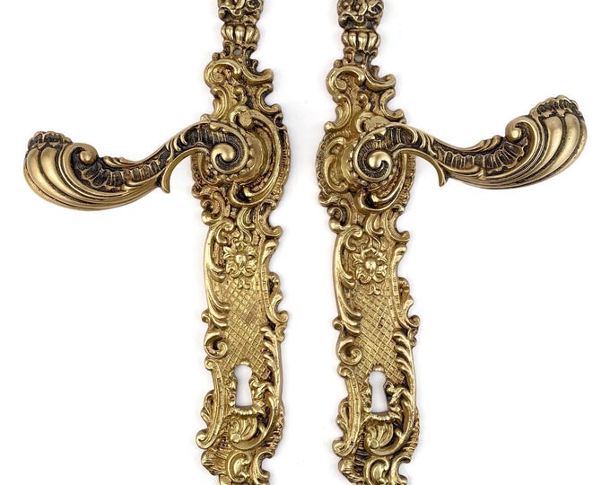 French Brass Door Handles With Plates, Embossed Cast Brass Front Door ...