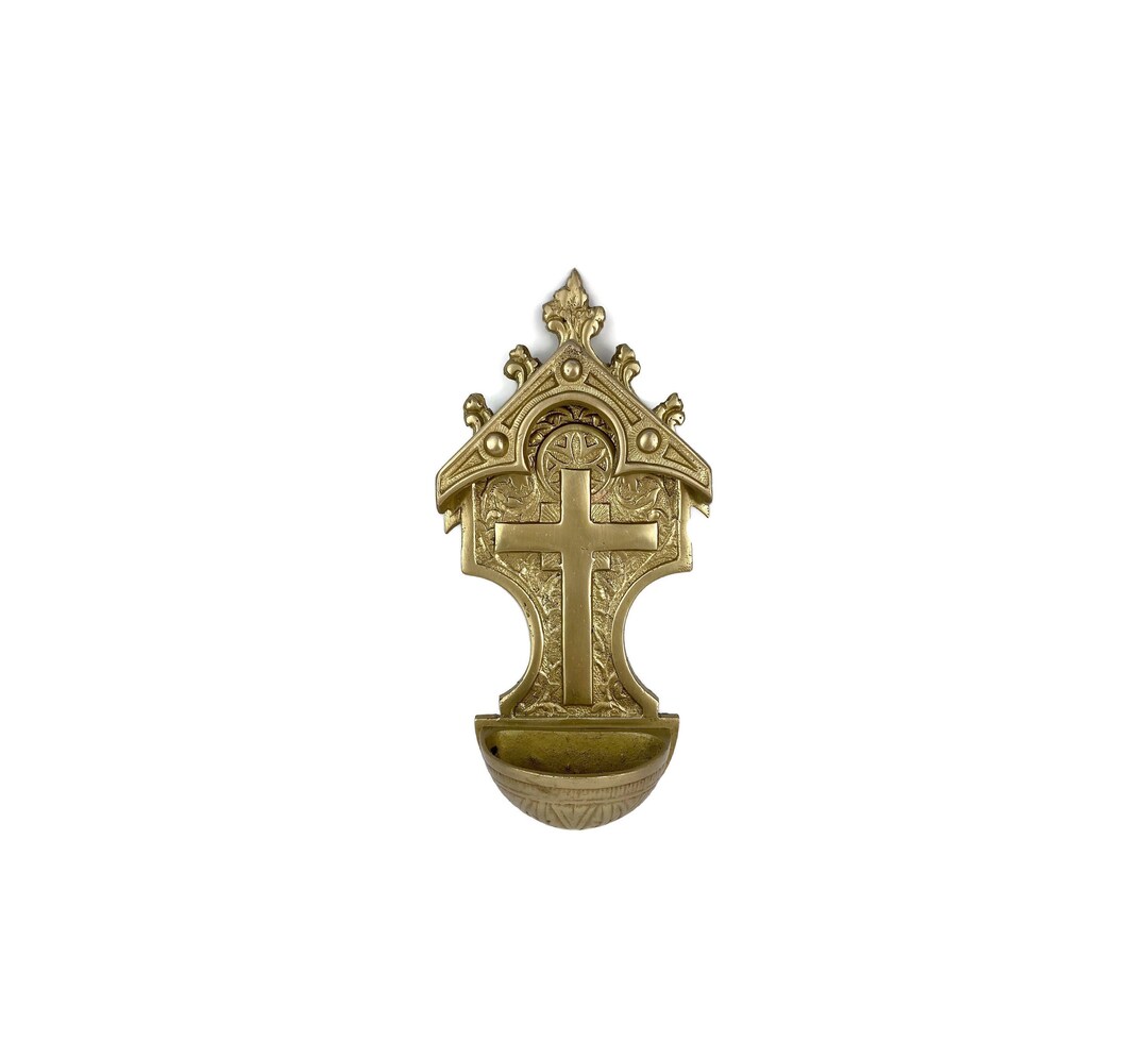 Holy Water Font, Embossed Cast Brass Ornate Cross, Religious Wall Decor ...