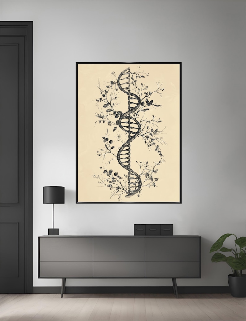 DNA Helix With Botanical Illustration, Black and White Genetic and ...