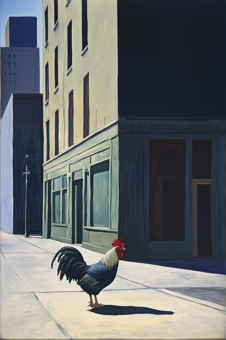 Edward Hopper Style Art Print , Lone Rooster City Scene, Bold Urban Realism for Farmhouse and ...