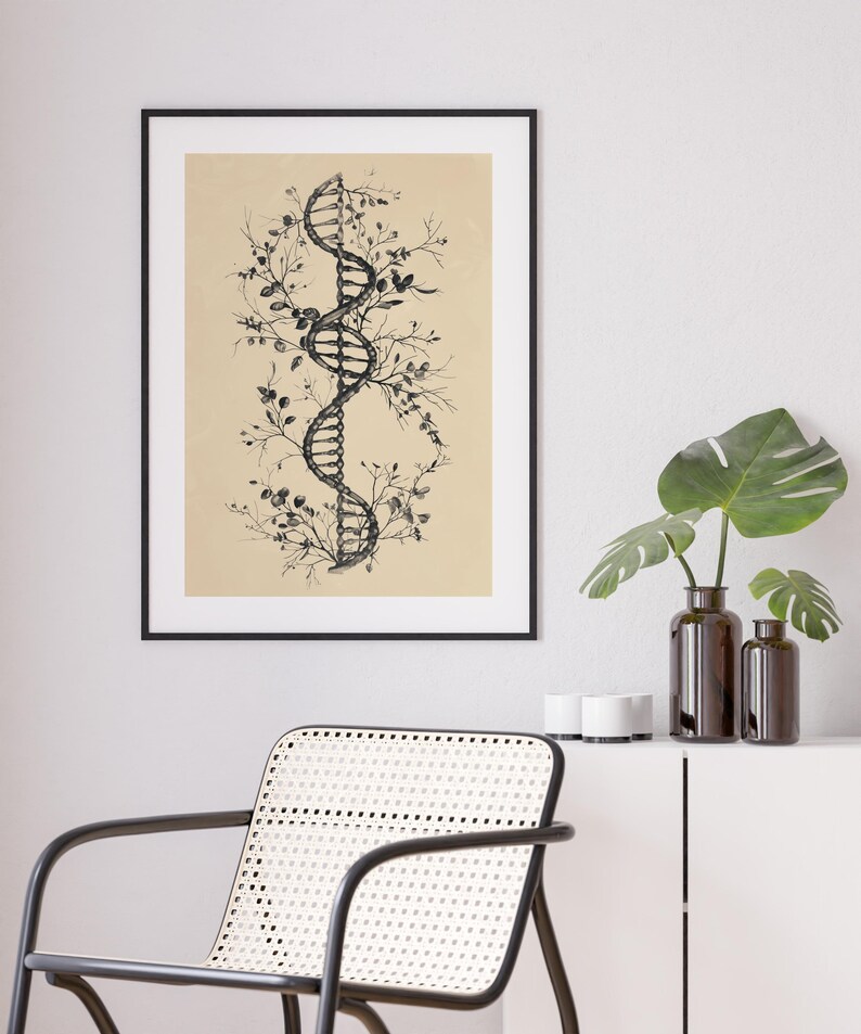 DNA Helix With Botanical Illustration, Black and White Genetic and ...