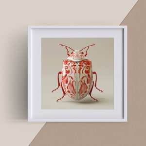 Porcelain Beetle With Red Floral Designs and Delicate Antennae, Unique ...