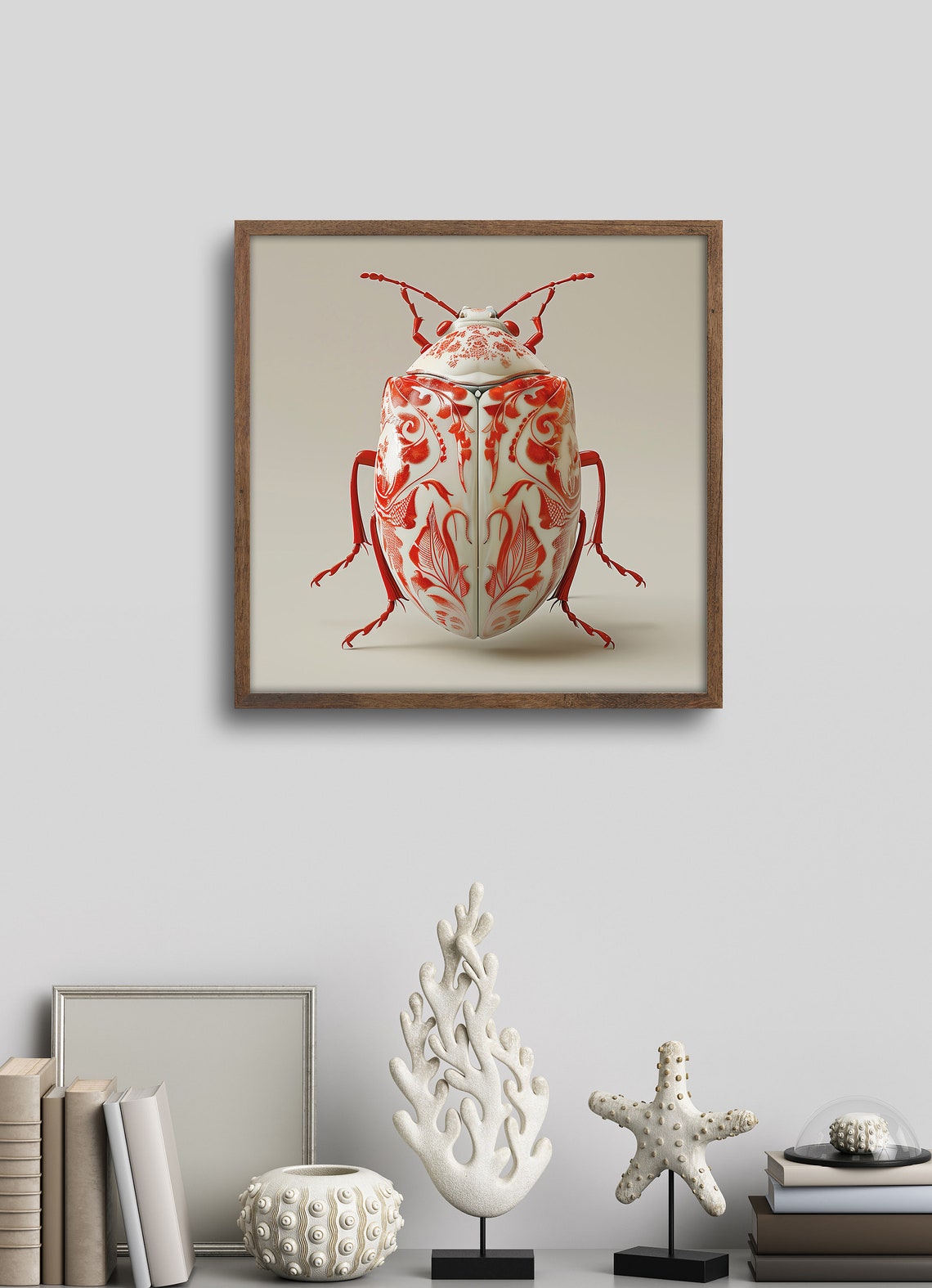 Porcelain Beetle With Red Floral Designs and Delicate Antennae, Unique ...