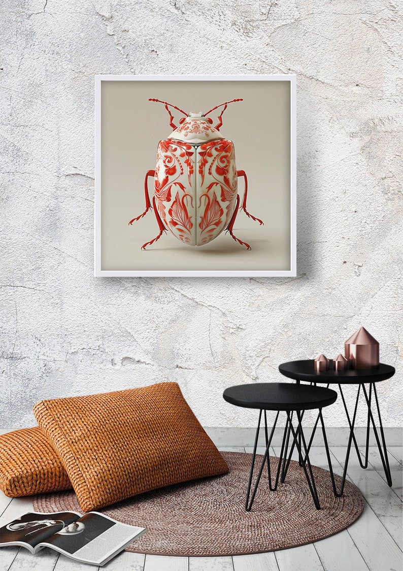 Porcelain Beetle With Red Floral Designs and Delicate Antennae, Unique ...