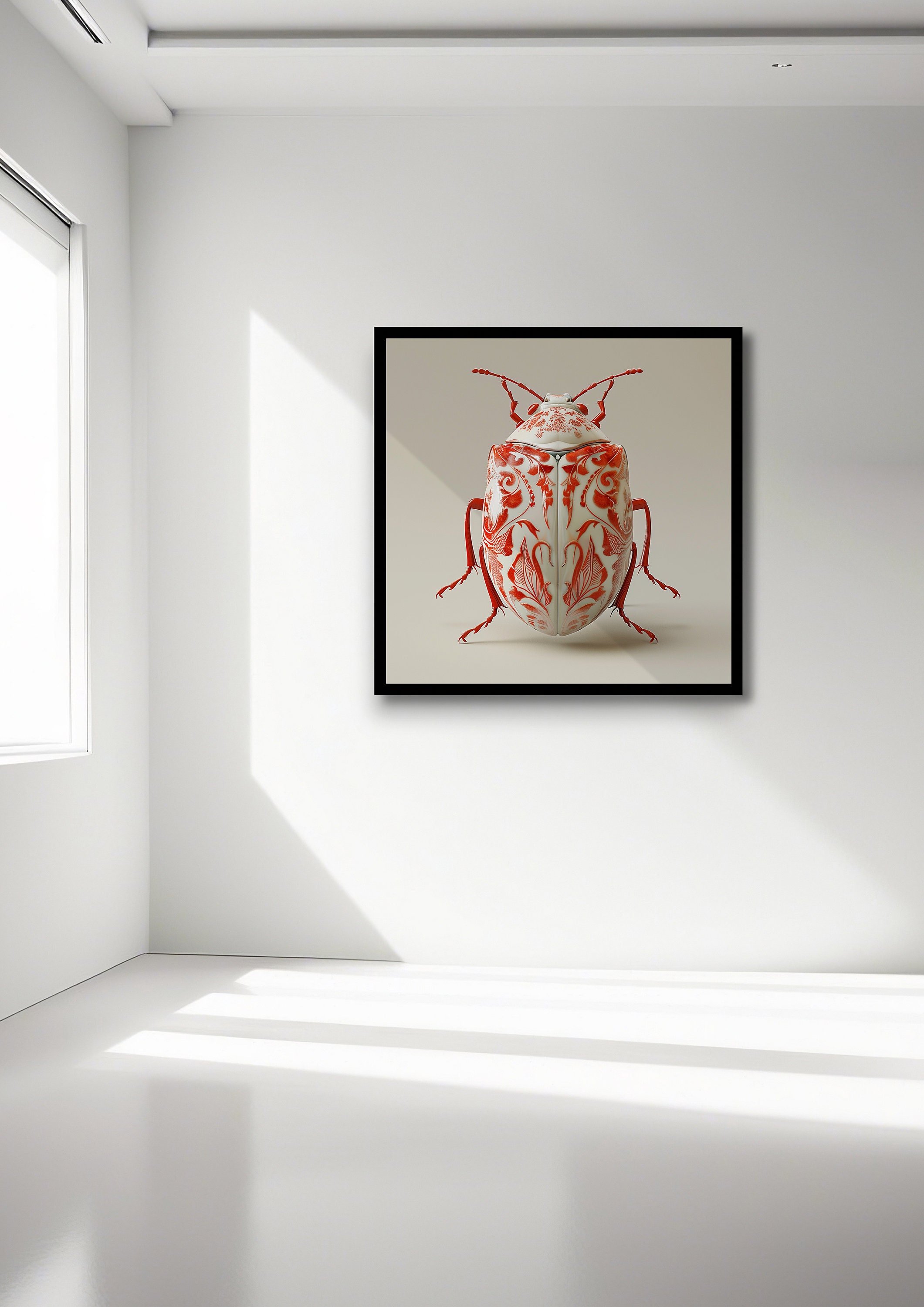 Porcelain Beetle With Red Floral Designs and Delicate Antennae, Unique ...