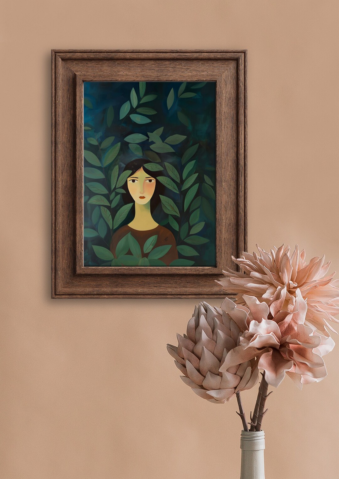 Illustration of Woman With Leaves Surrounding Her: Ethereal and Nature ...