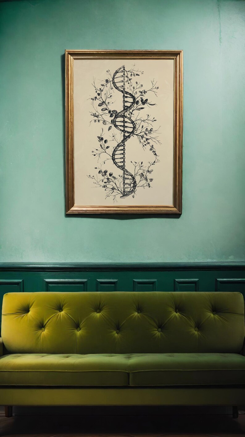 DNA Helix With Botanical Illustration, Black and White Genetic and ...