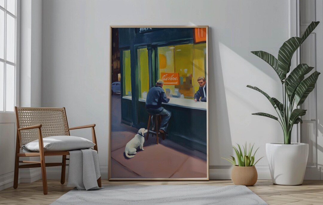 Edward Hopper Tribute Art Print, Cozy Night Scene Man and Dog, Classic ...