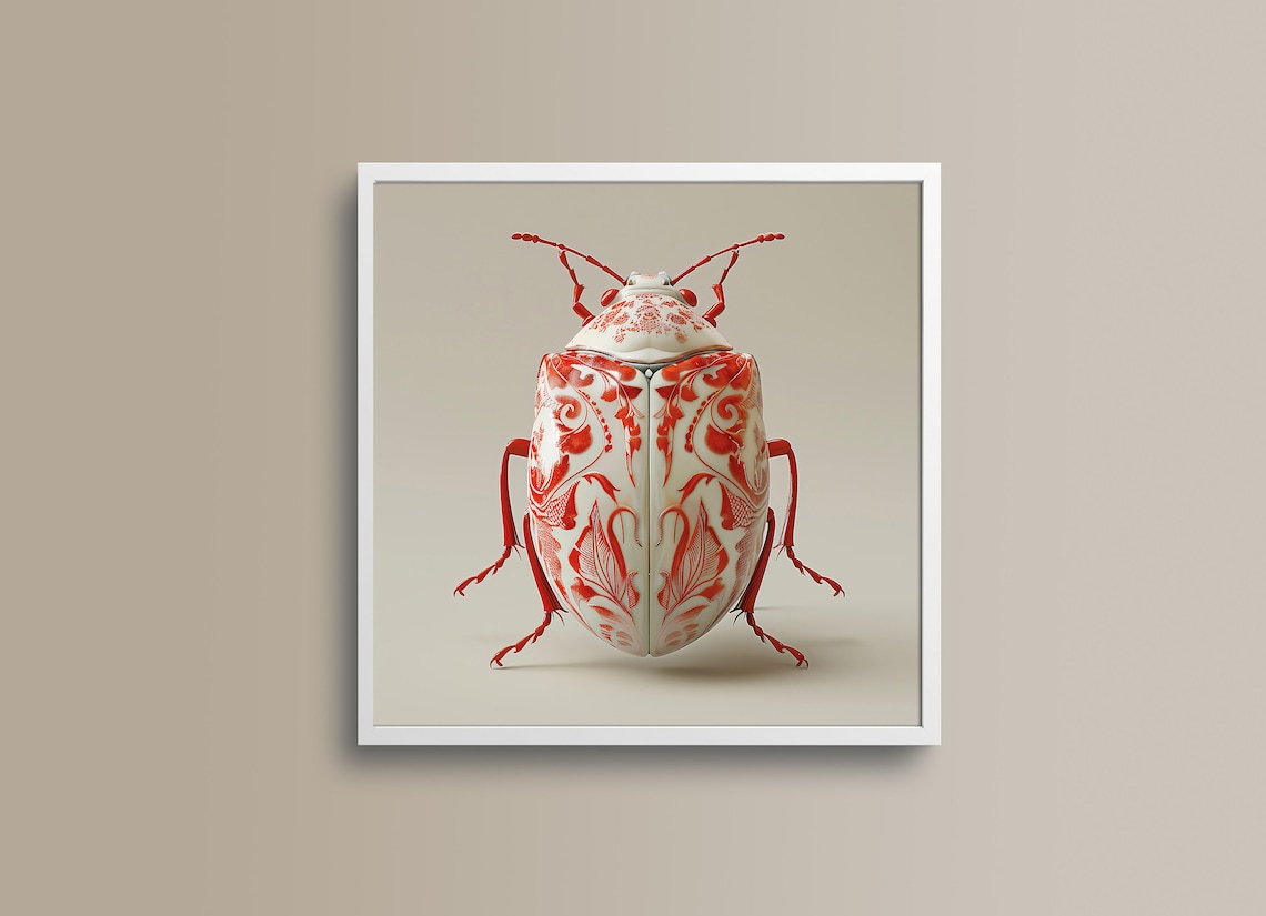 Porcelain Beetle With Red Floral Designs and Delicate Antennae, Unique ...