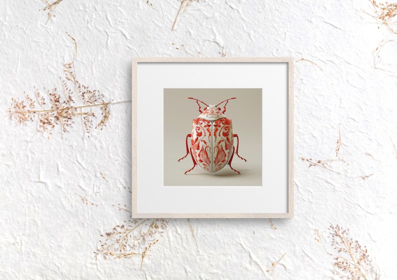 Porcelain Beetle With Red Floral Designs and Delicate Antennae, Unique ...