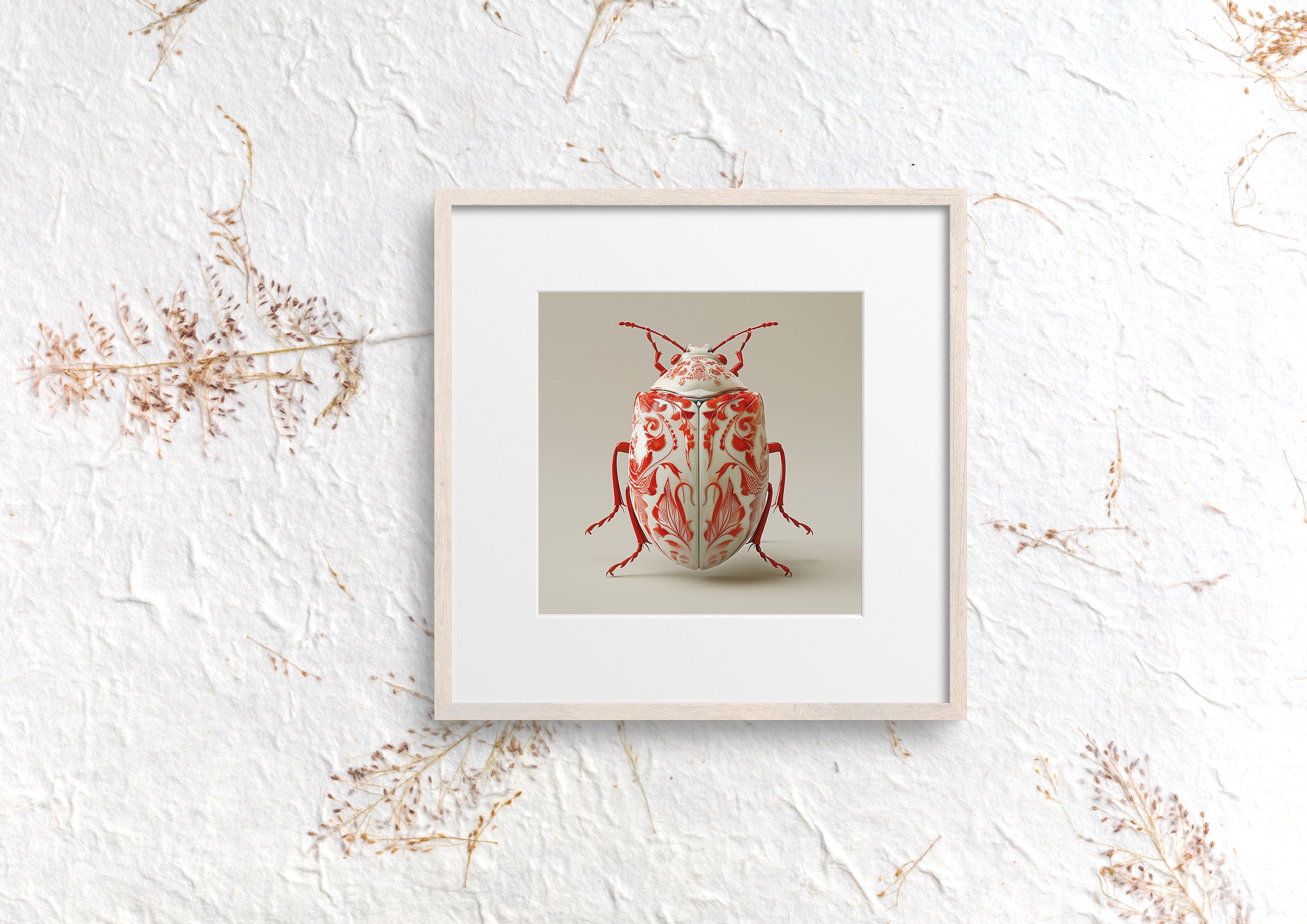 Porcelain Beetle With Red Floral Designs and Delicate Antennae, Unique ...