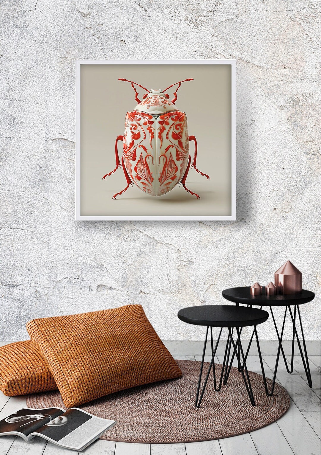 Porcelain Beetle With Red Floral Designs and Delicate Antennae, Unique ...