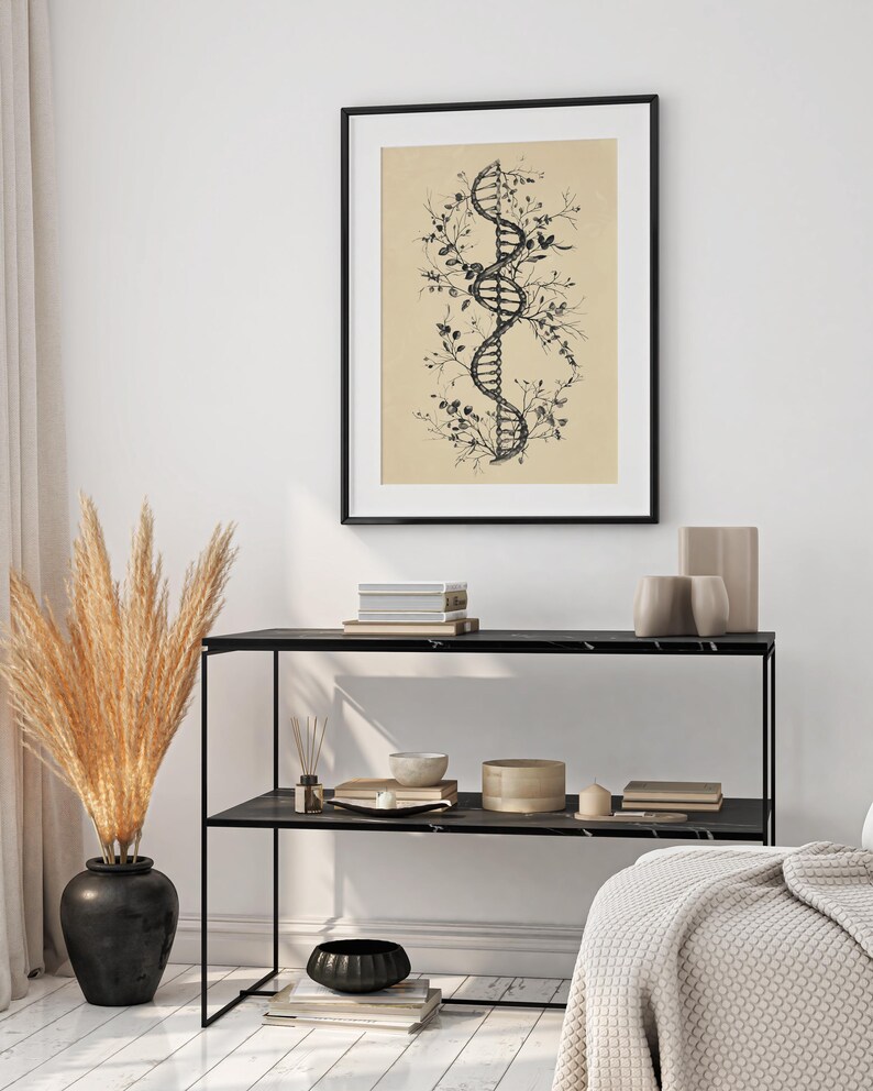 DNA Helix With Botanical Illustration, Black and White Genetic and ...