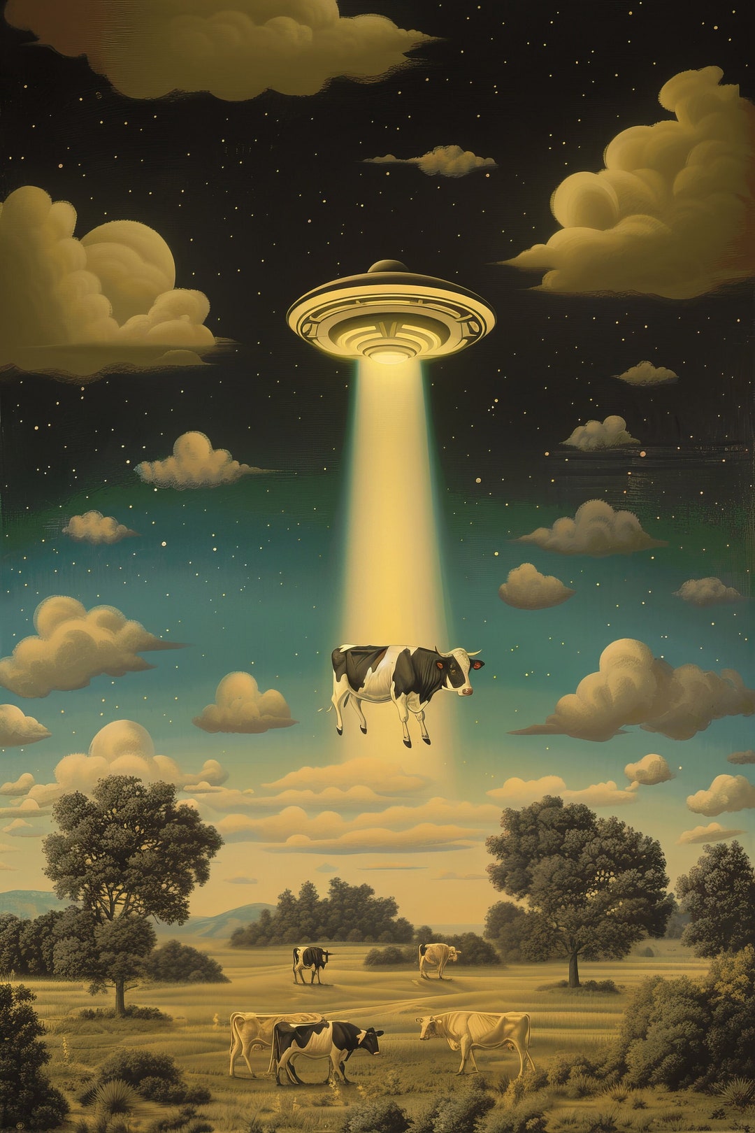 Surreal Digital Art of UFO Abducting Cow: Sci-fi Illustration With ...