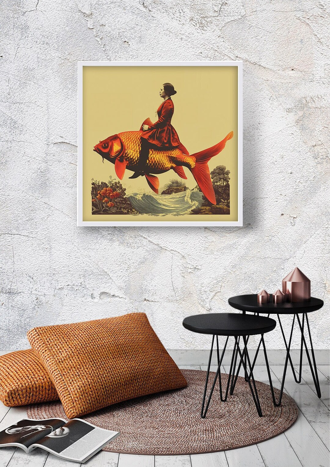 Surreal Illustration of Woman Riding Giant Goldfish: Vintage Surreal ...