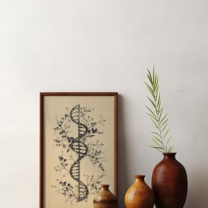 DNA Helix With Botanical Illustration, Black and White Genetic and ...