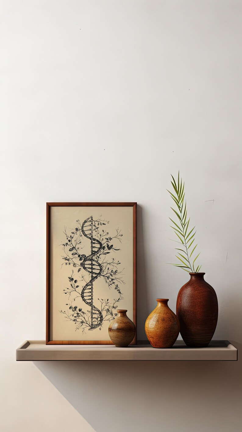 DNA Helix With Botanical Illustration, Black and White Genetic and ...