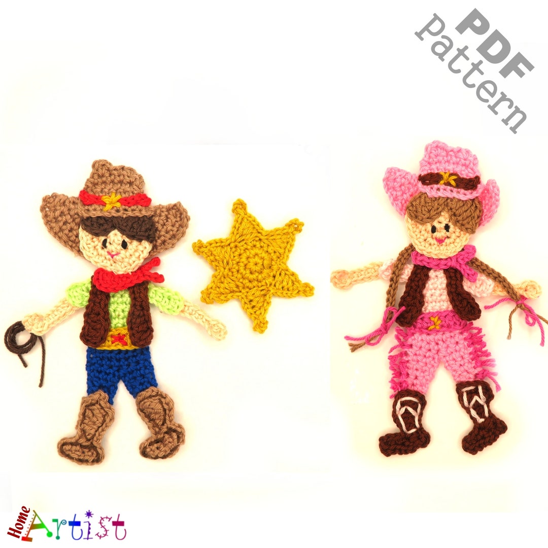 Crochet Pattern Cowboy Cowgirl Sheriff Applique Patch US Version ...