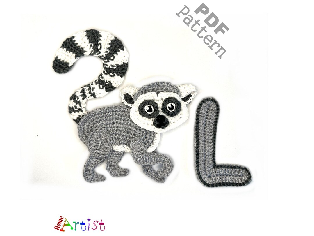 Crochet Letter L Lemur Applique Animal Alphabet Pattern Lettering US ...