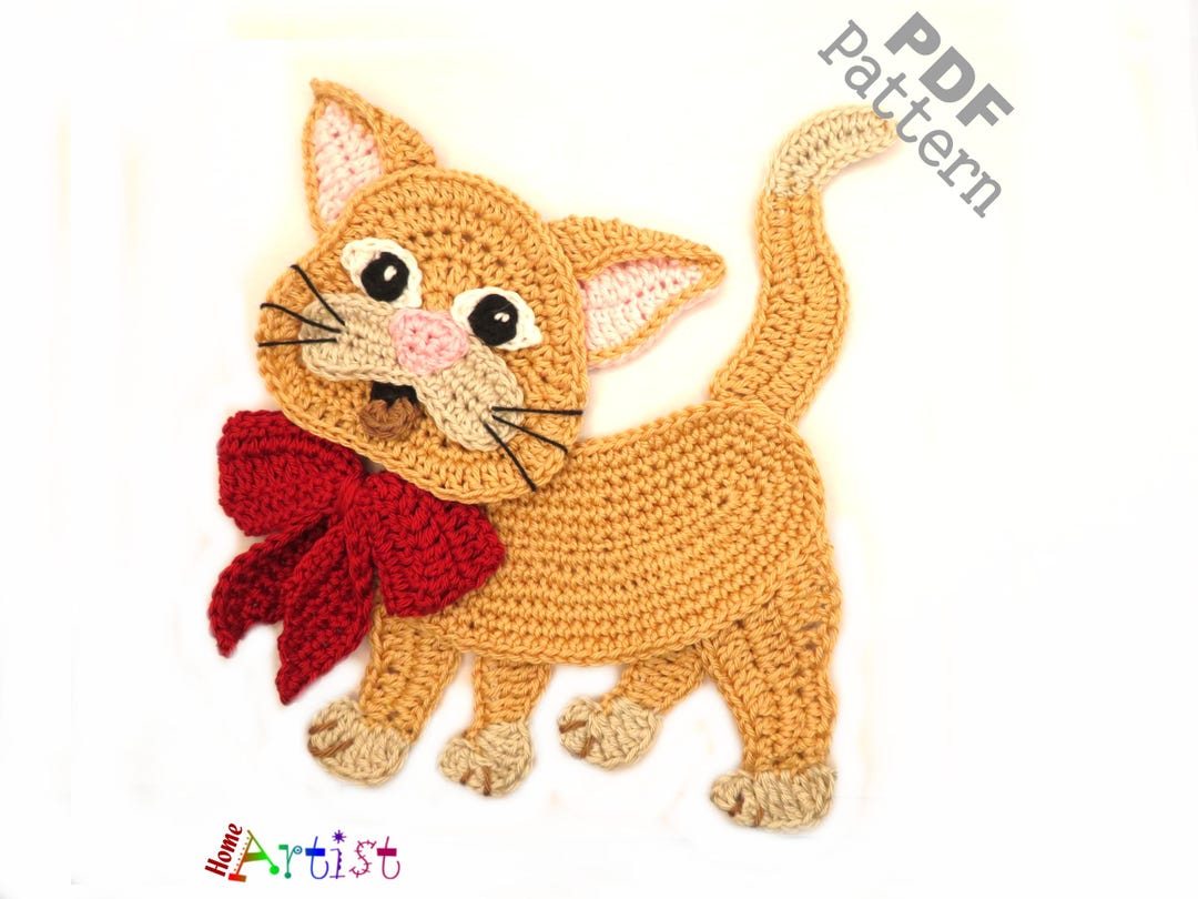 Crochet Pattern Cat Kitten Bow Applique Patch US Version Instant PDF ...