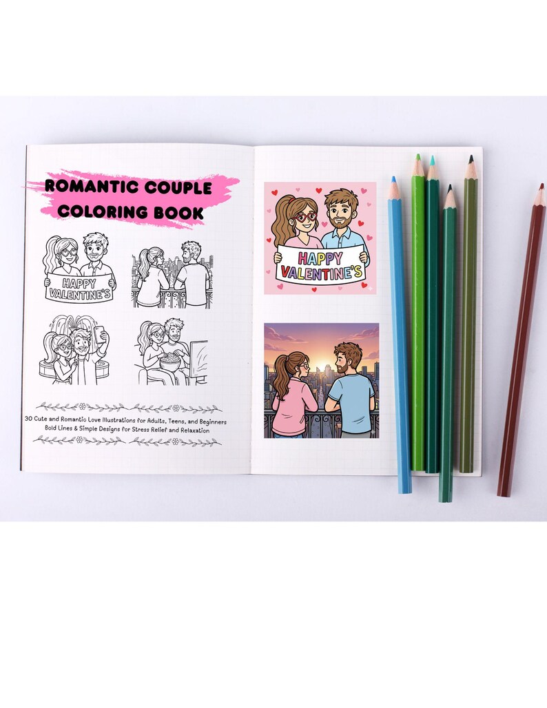 Romantic Couple Coloring Book, 30 Valentine's Day Pages (digital ...