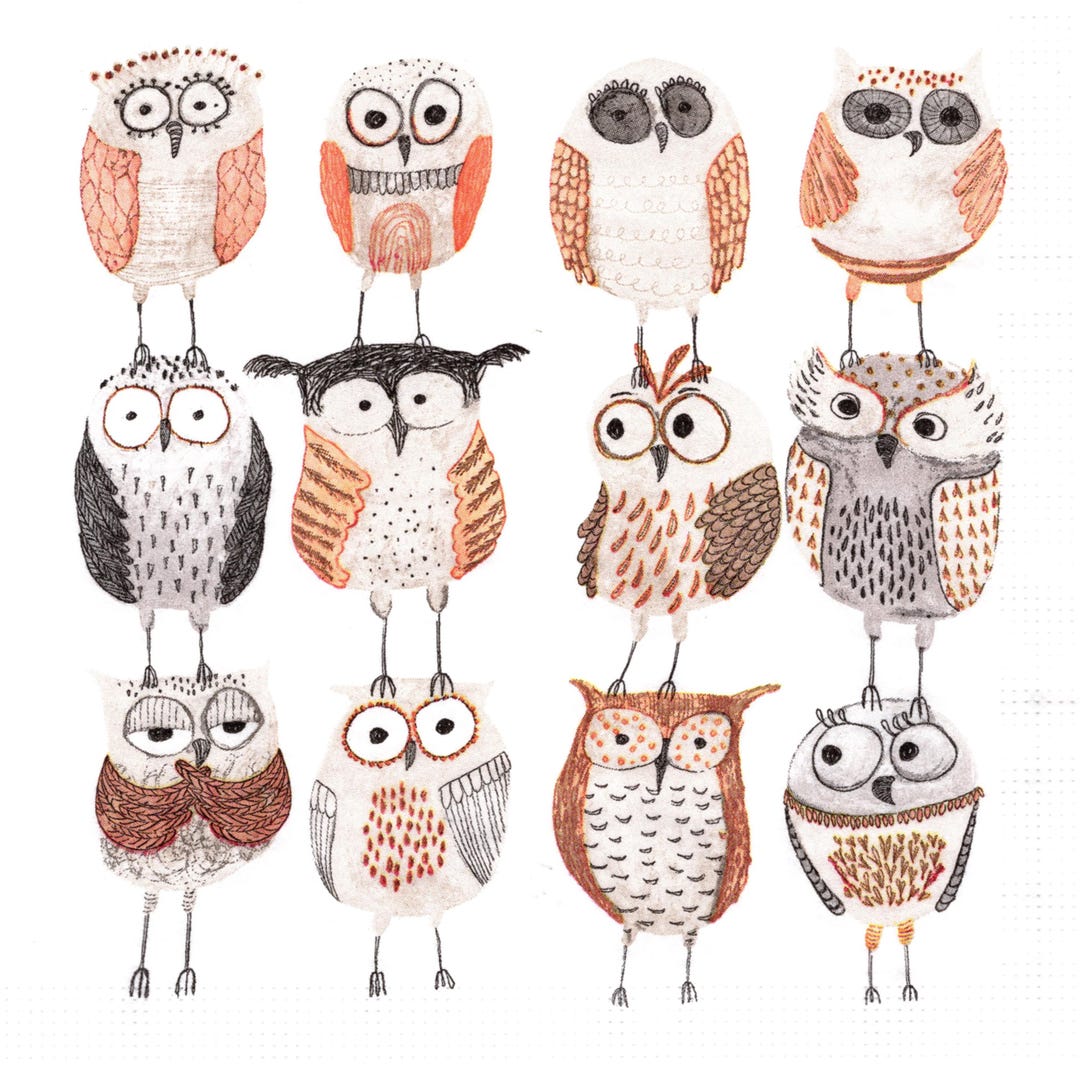 2 (two) Paper Lunch Napkins for Decoupage/mixed Media - Owls Lined up ...