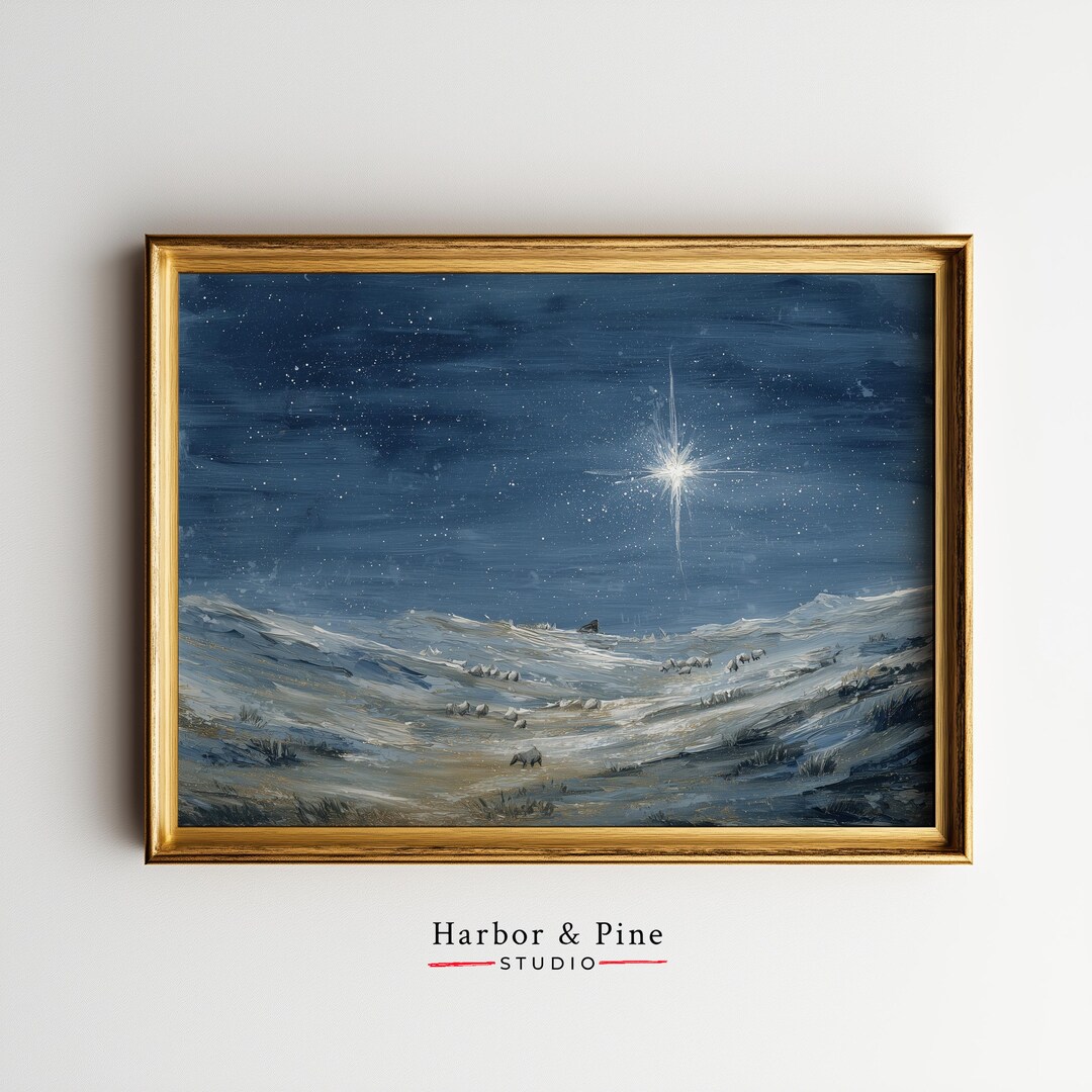 Starry Winter Night Sky - Printable Luminous Star Art, Frosty Landscape ...