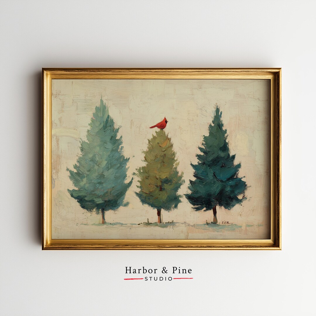 Rustic Fir Trees Art Print - Stylized Trees With Red Bird, Nature ...