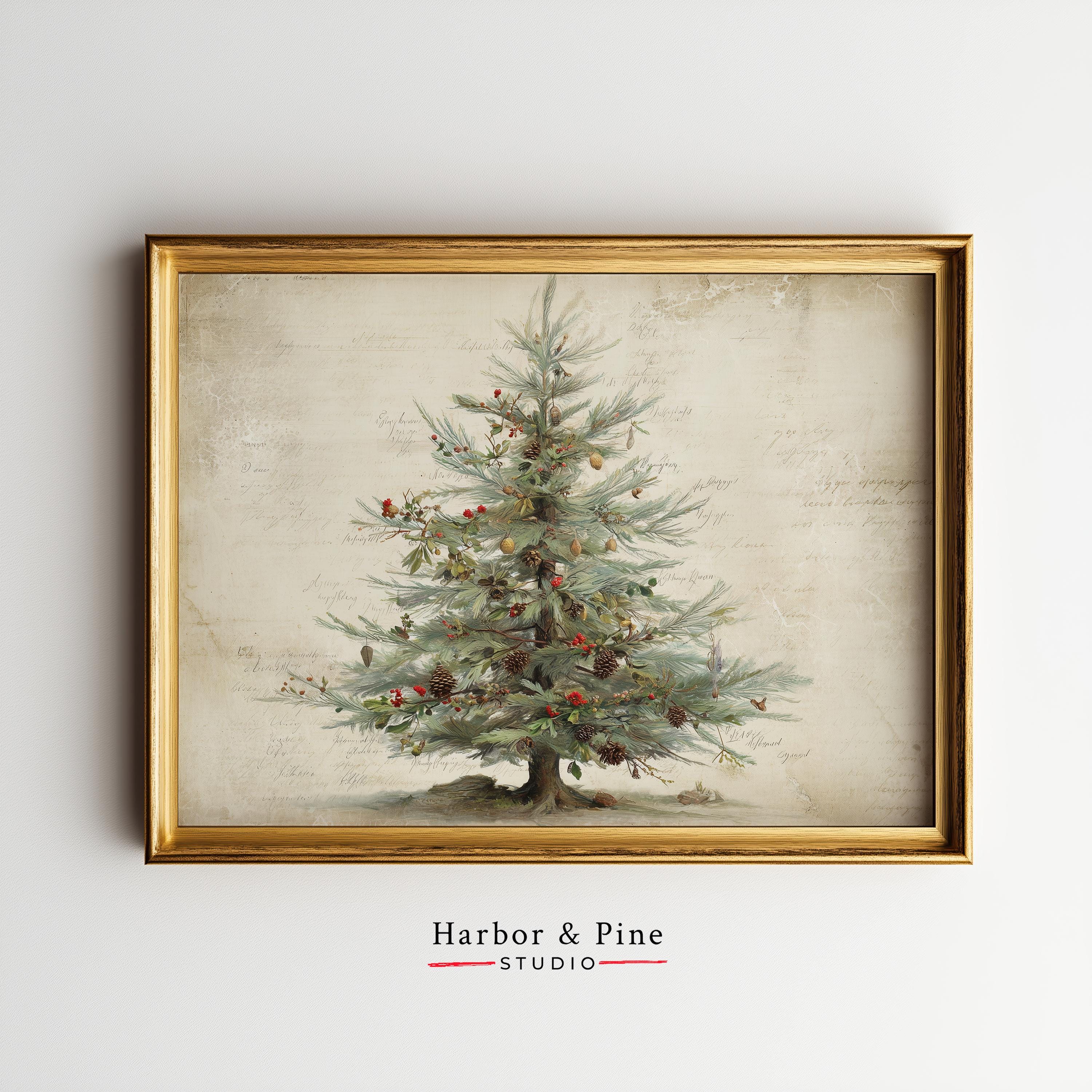 Botanical Christmas Tree Print - Rustic Vintage Holiday Art, Detailed ...