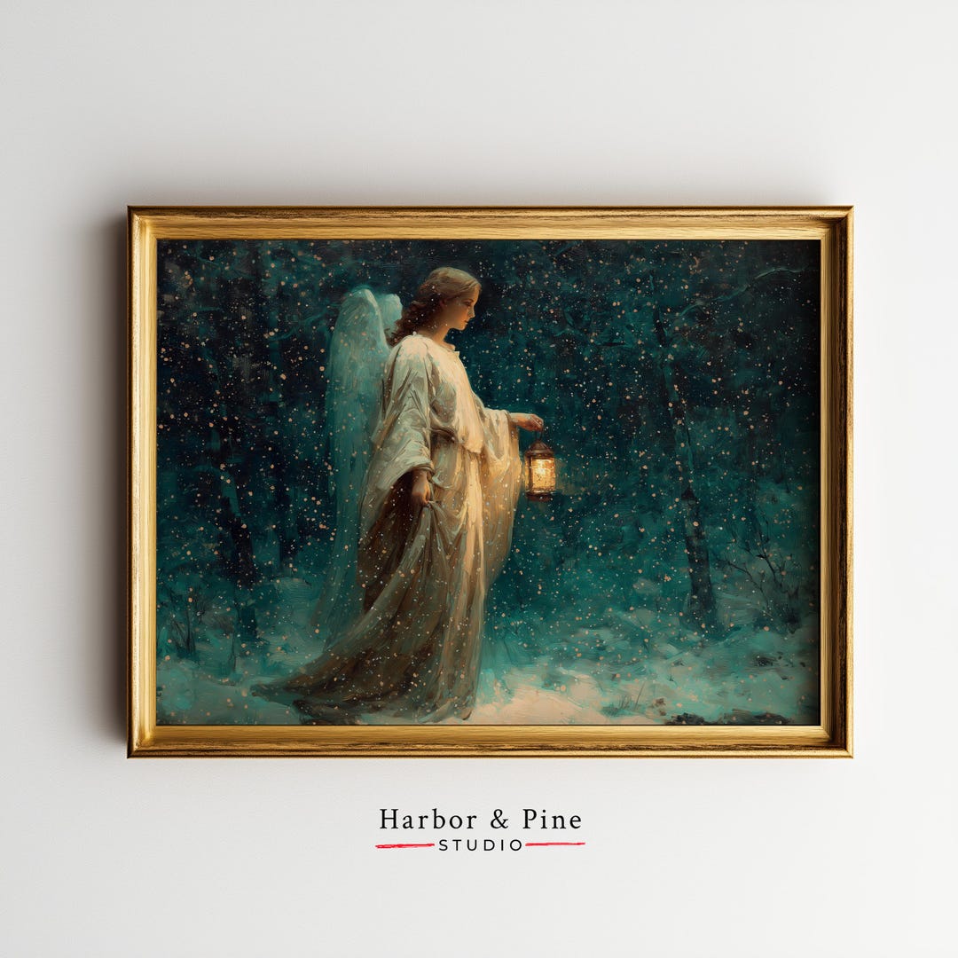 Serene Angel in Flowing Robes - Glowing Lantern, Printable Winter Wall ...