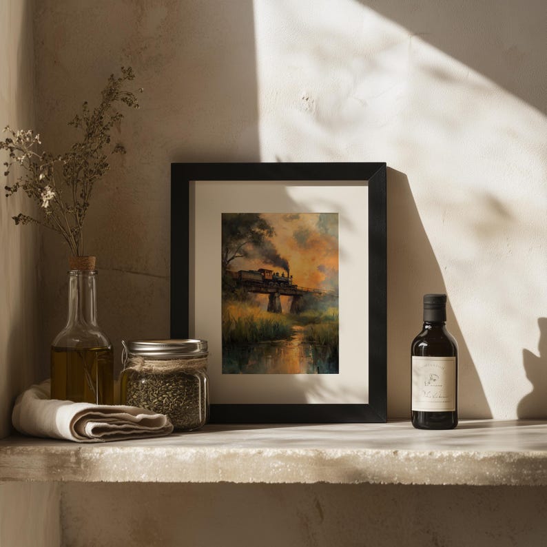 Steam Locomotive on Bridge at Golden Hour – Rustic Train Scene, Vintage ...