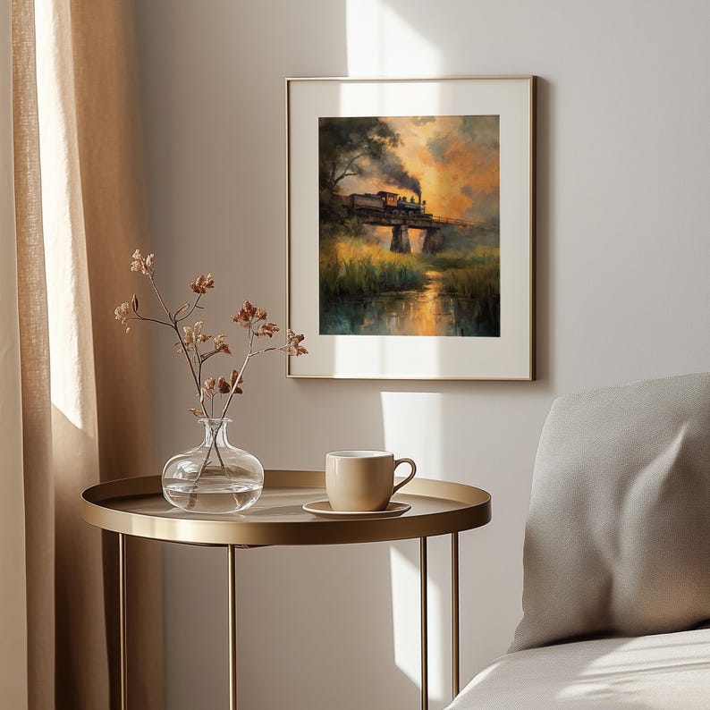 Steam Locomotive on Bridge at Golden Hour – Rustic Train Scene, Vintage ...